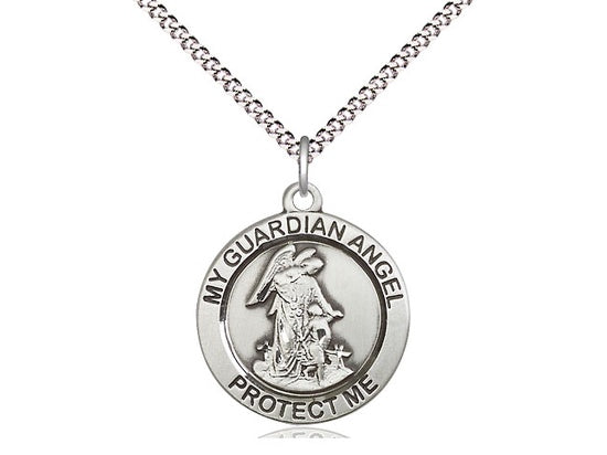 Guardian Angel Round Sterling Silver Medal with 18" Rhodium Chain – St ...