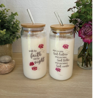 Walk By Faith Glass with Straw – St. Anthony's Catholic Gift Shop